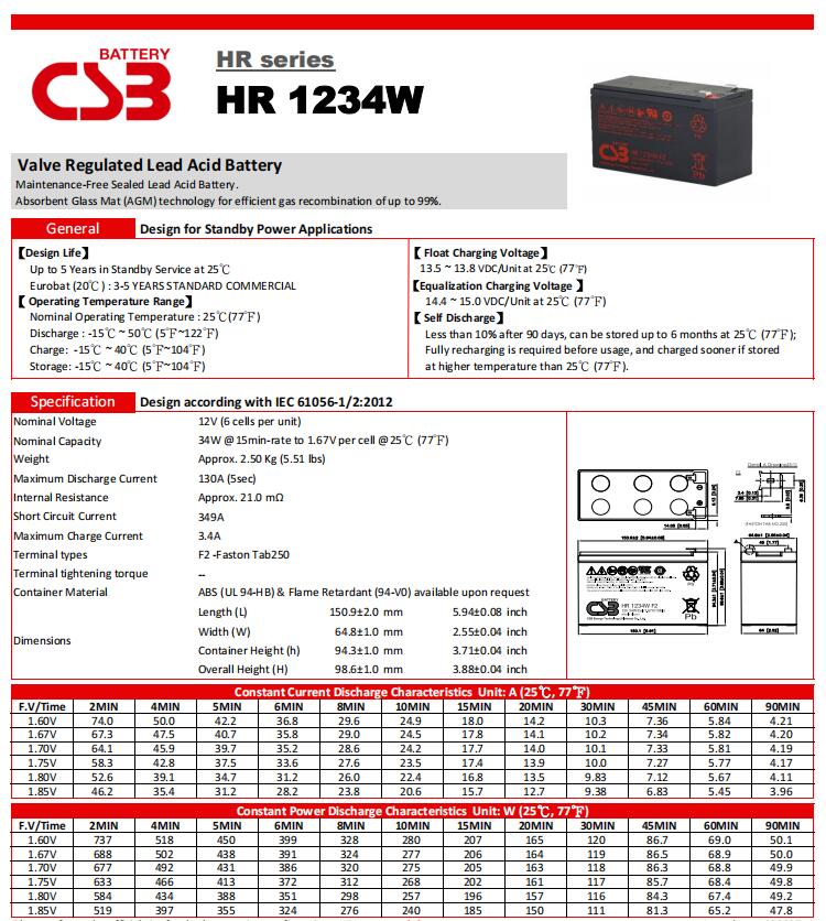 CSB蓄电池HR1234WF2_CSB蓄电池官网